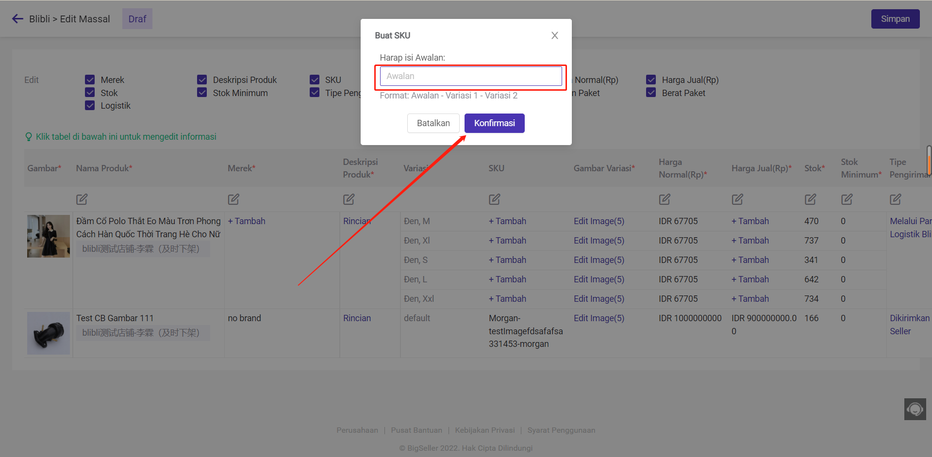 Pengeditan Massal SKU Induk di BigSeller